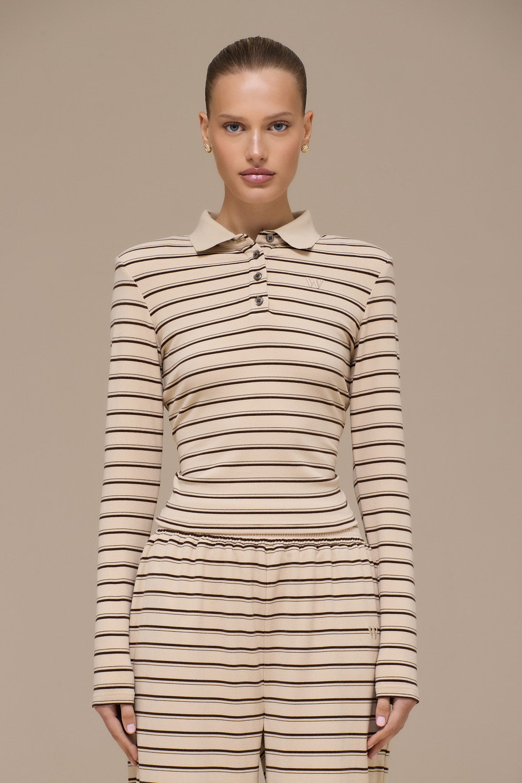 FRANKIE LONG SLEEVE POLO TOP | BEIGE STRIPE - SALE – Wander Doll